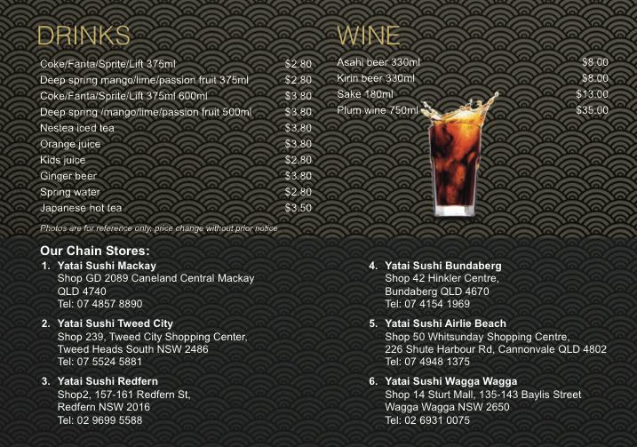 Menu at Yatai Sushi restaurant, Cannonvale