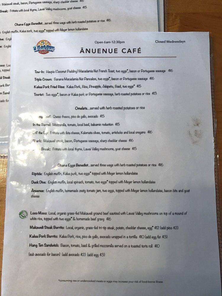 Menu at Anuenue Cafe, Koloa