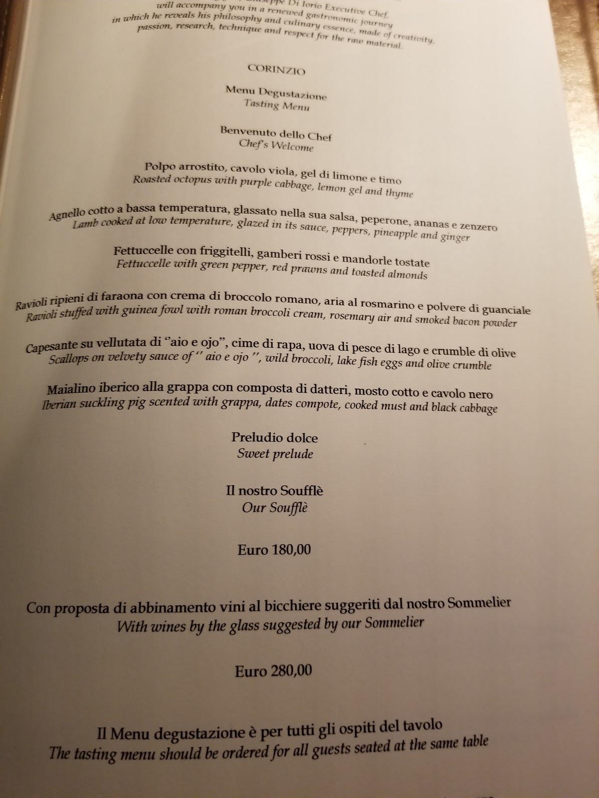 Menu at Aroma restaurant, Rome, Via Labicana