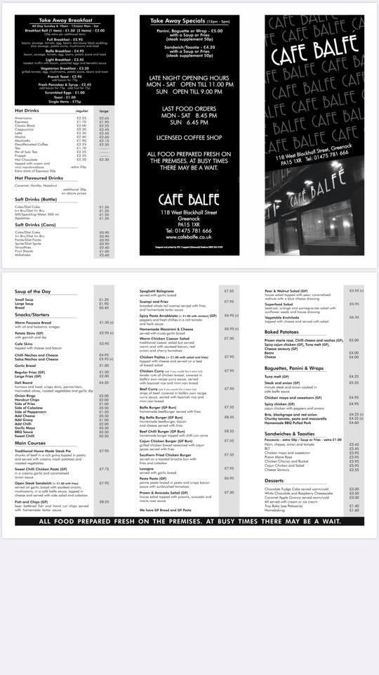 Menu at Cafe Balfe, Greenock