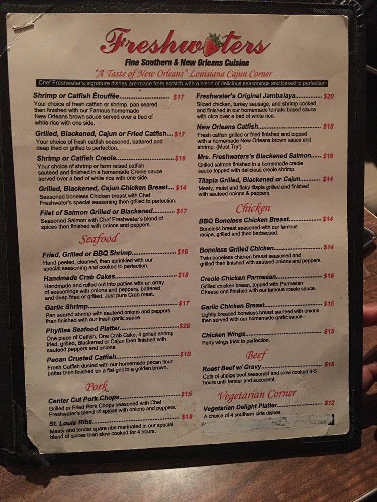 Menu at Freshwaters Southern New Orleans restaurant, Charlotte