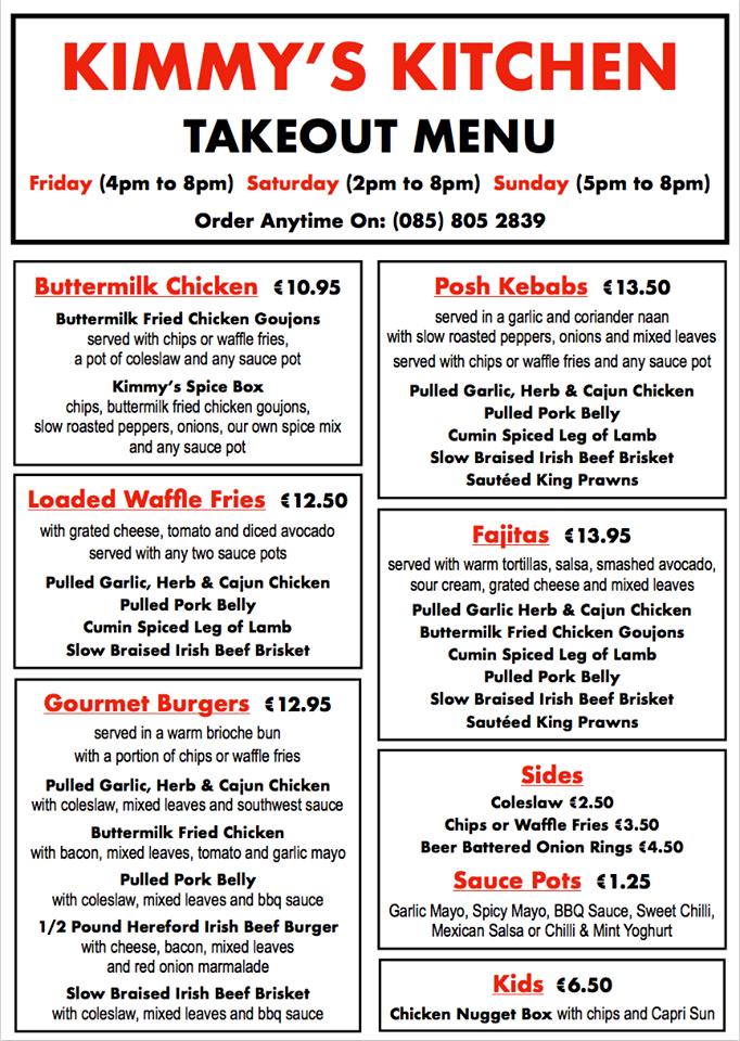 Menu at Kimmy’s Kitchen @ the mill cafe, Dungarvan
