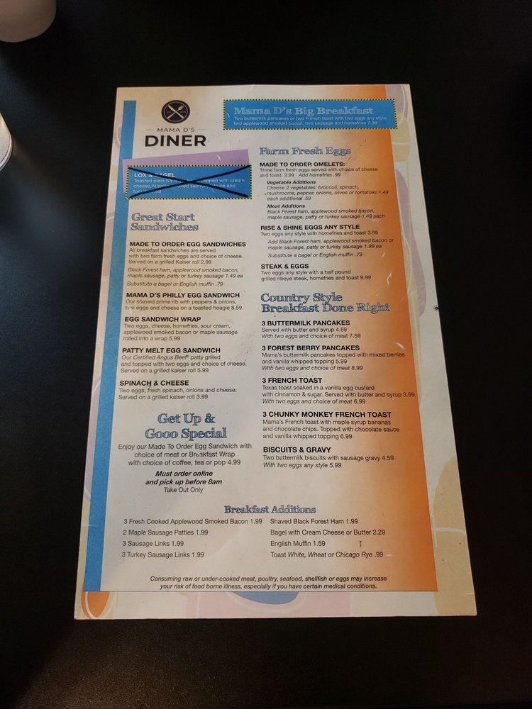 Menu at Mama D's Diner restaurant, Lyndhurst