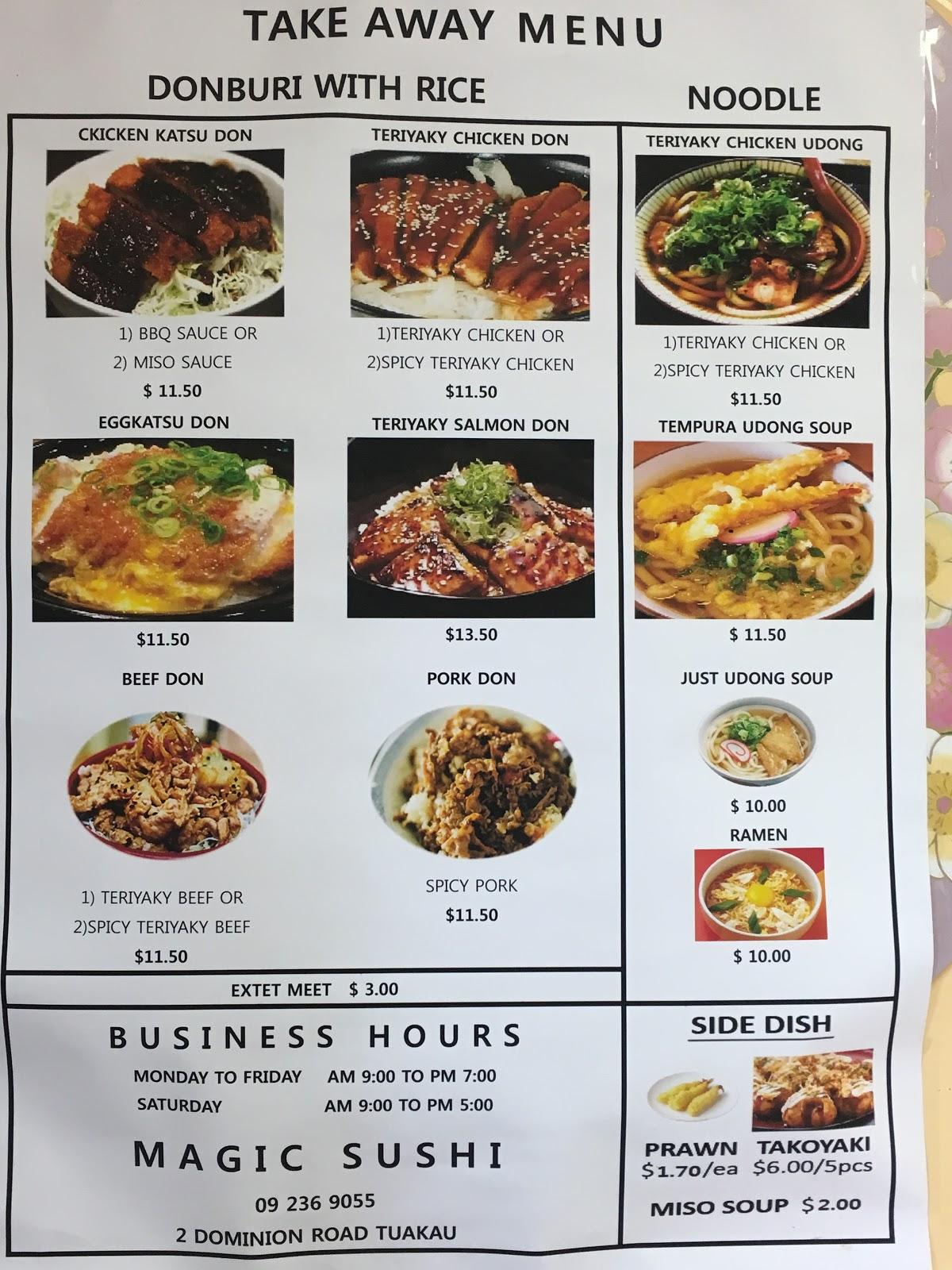 Menu at Sushi Magic restaurant, Tuakau