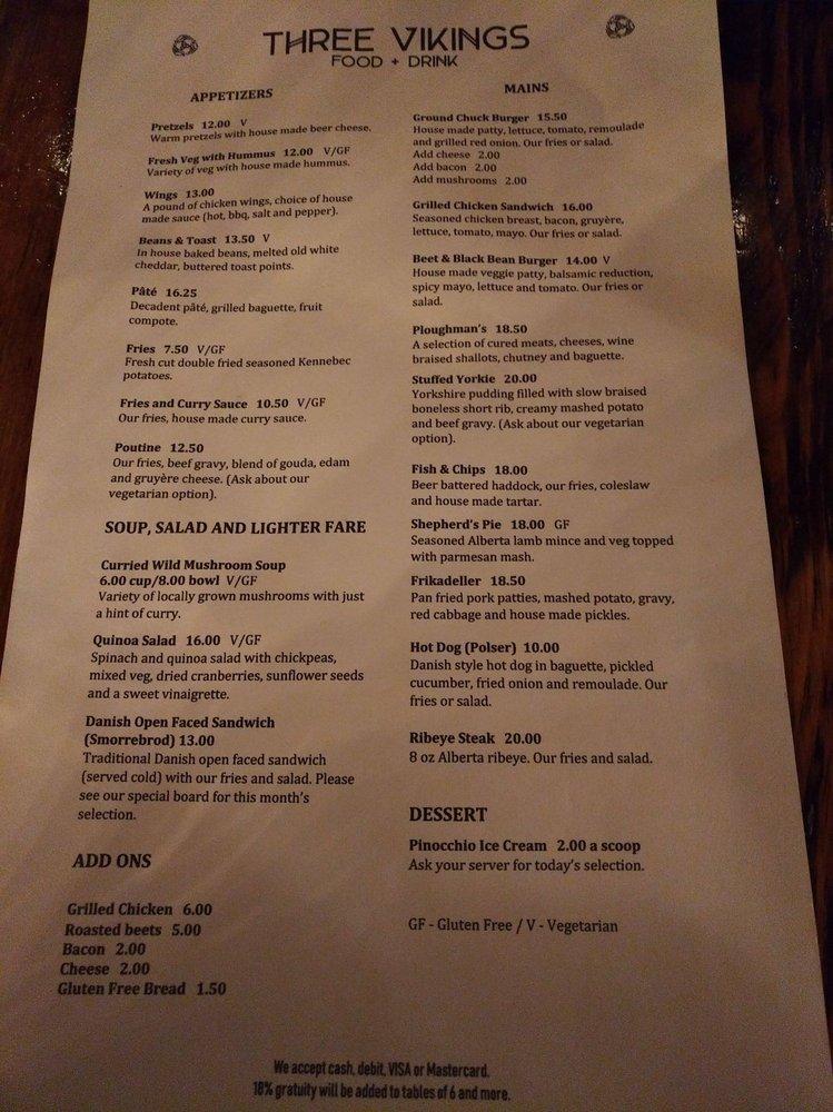 Menu at Three Vikings pub & bar, Edmonton