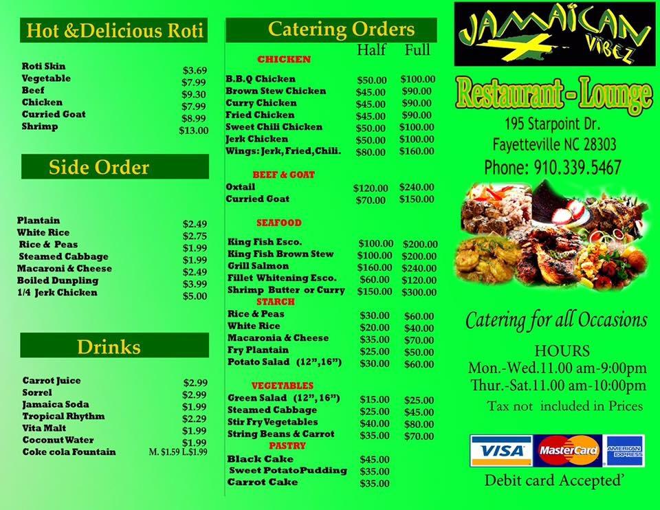 Menu at Jamaican Vibez( now open) place order on website for pick up ...
