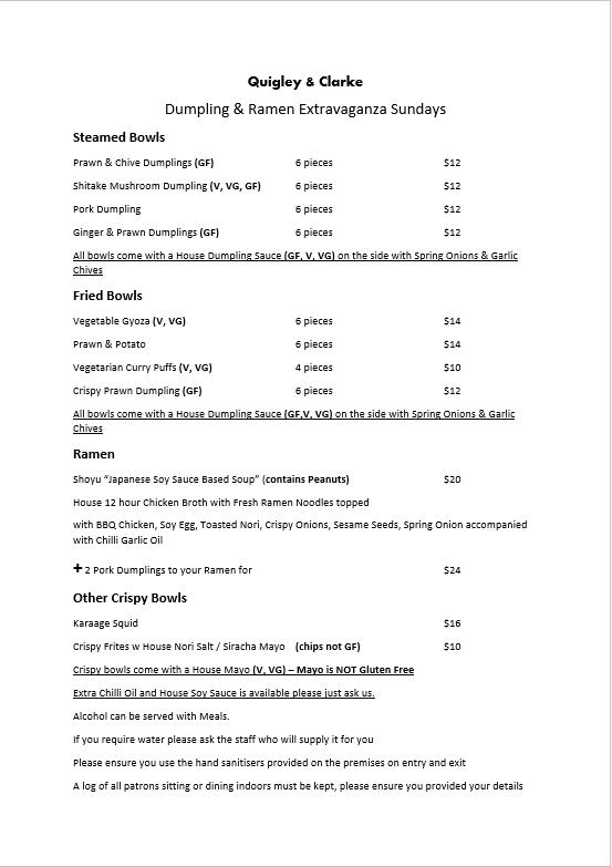 Menu at Criterion Clunes restaurant, Clunes