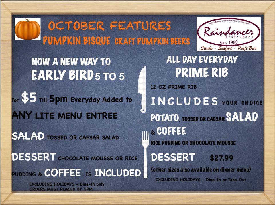 Menu at Raindancer Restaurant, Amsterdam, State Highway 30