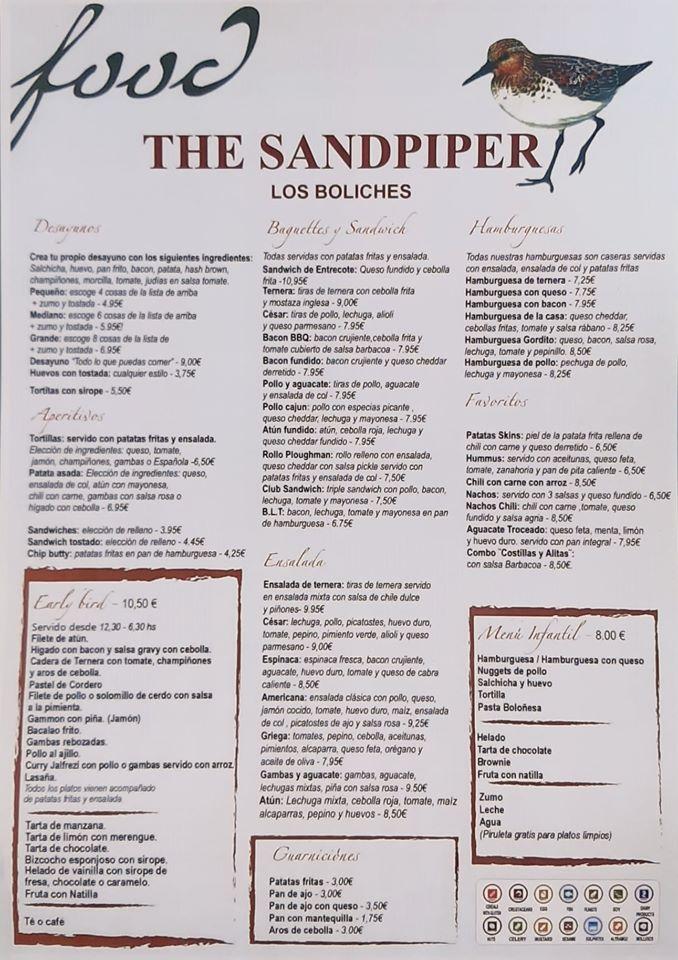 Menu at Sandpiper restaurant, Fuengirola, P.º Marítimo Rey de España