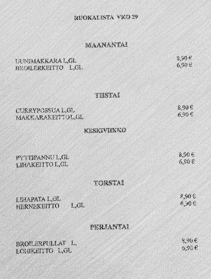 Menu at Teboil Purola, Kajaani