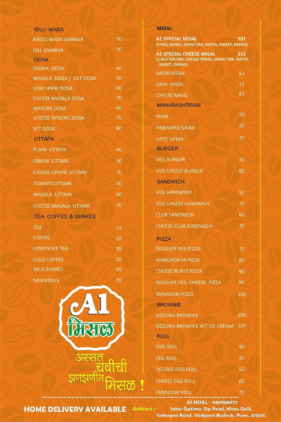 Menu at A1 Misal House & Nasta Center, Pune