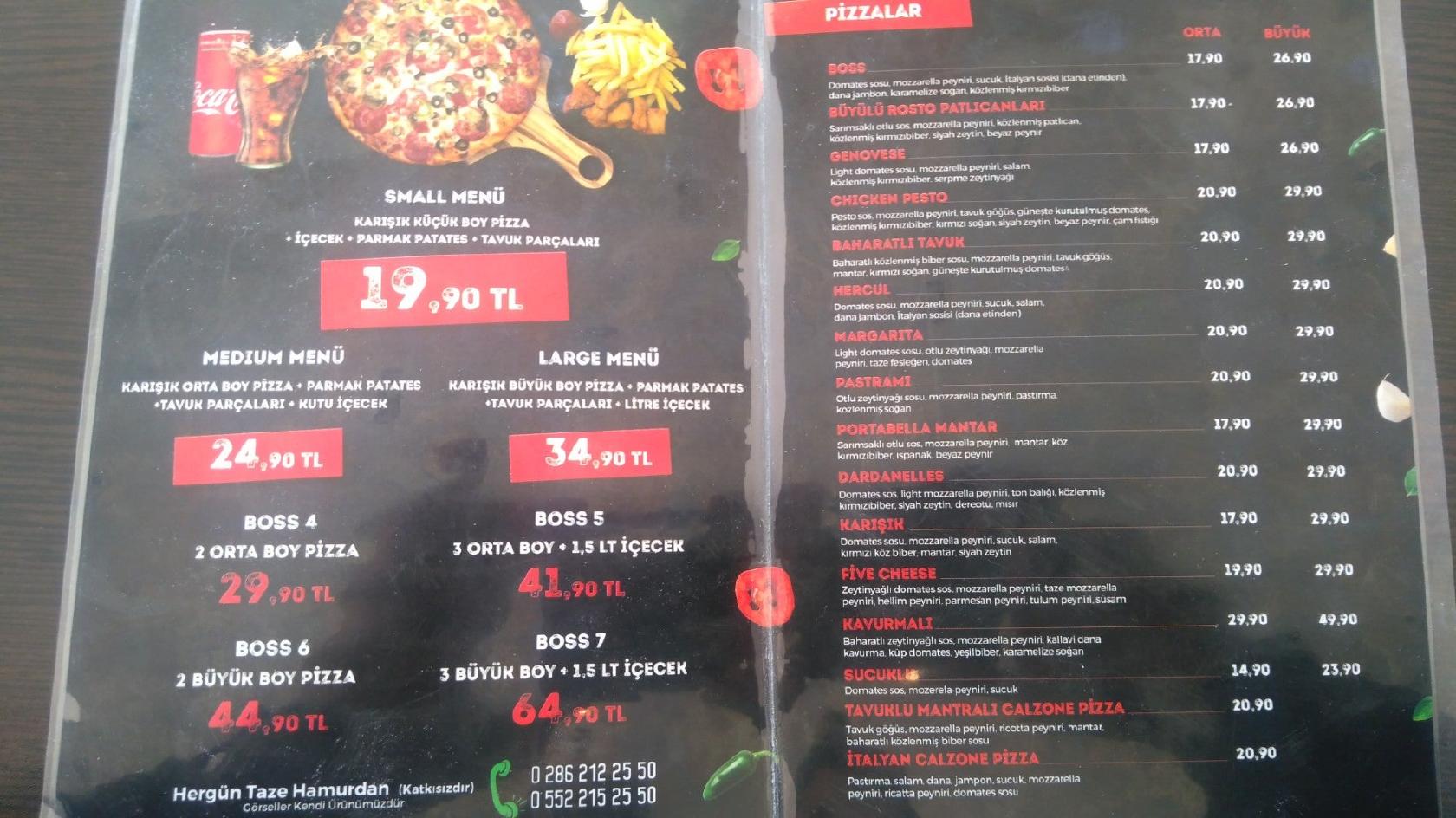 Menu at Boss the Pizza, Çanakkale