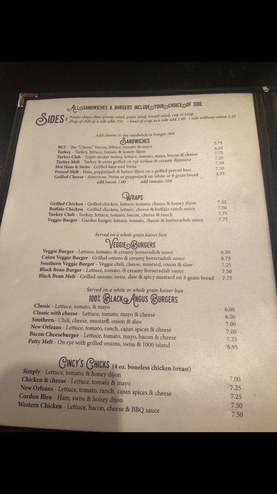 Menu at Cincy's Downtown restaurant, Greensboro
