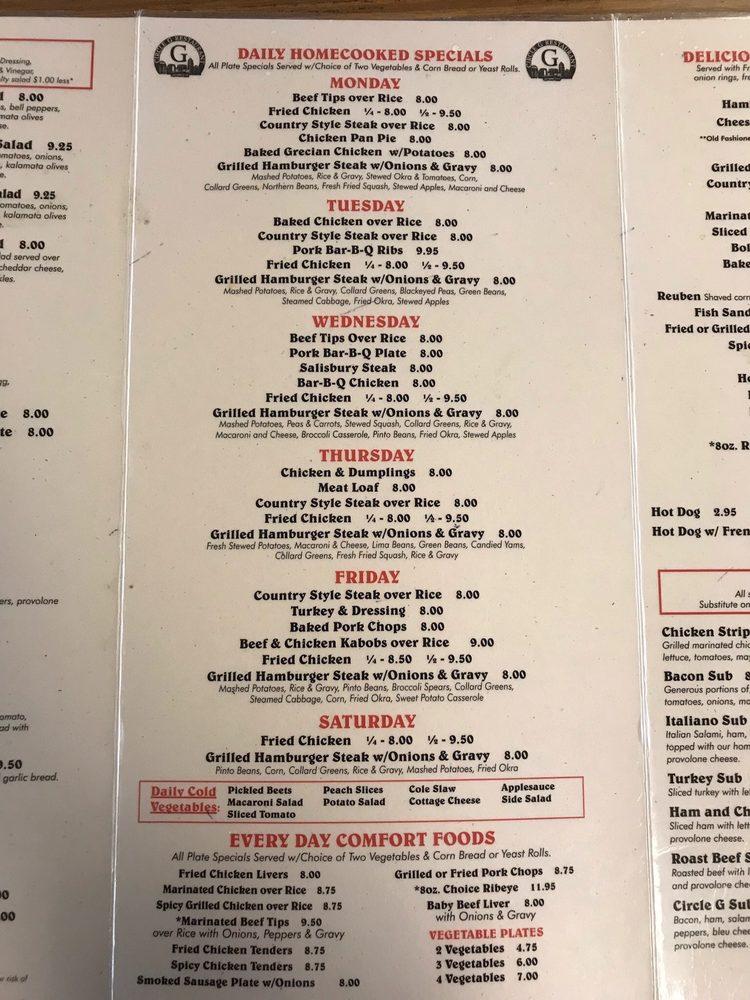 Menu at Circle G Restaurant, Charlotte