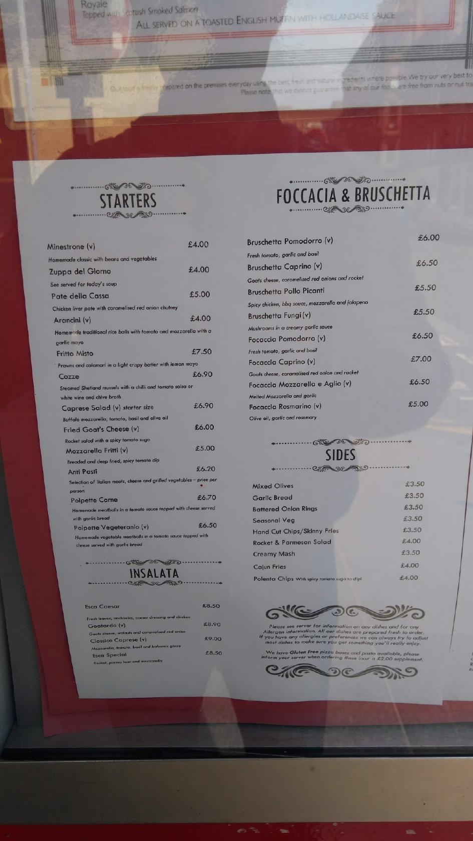 Menu at Esca restaurant, Glasgow