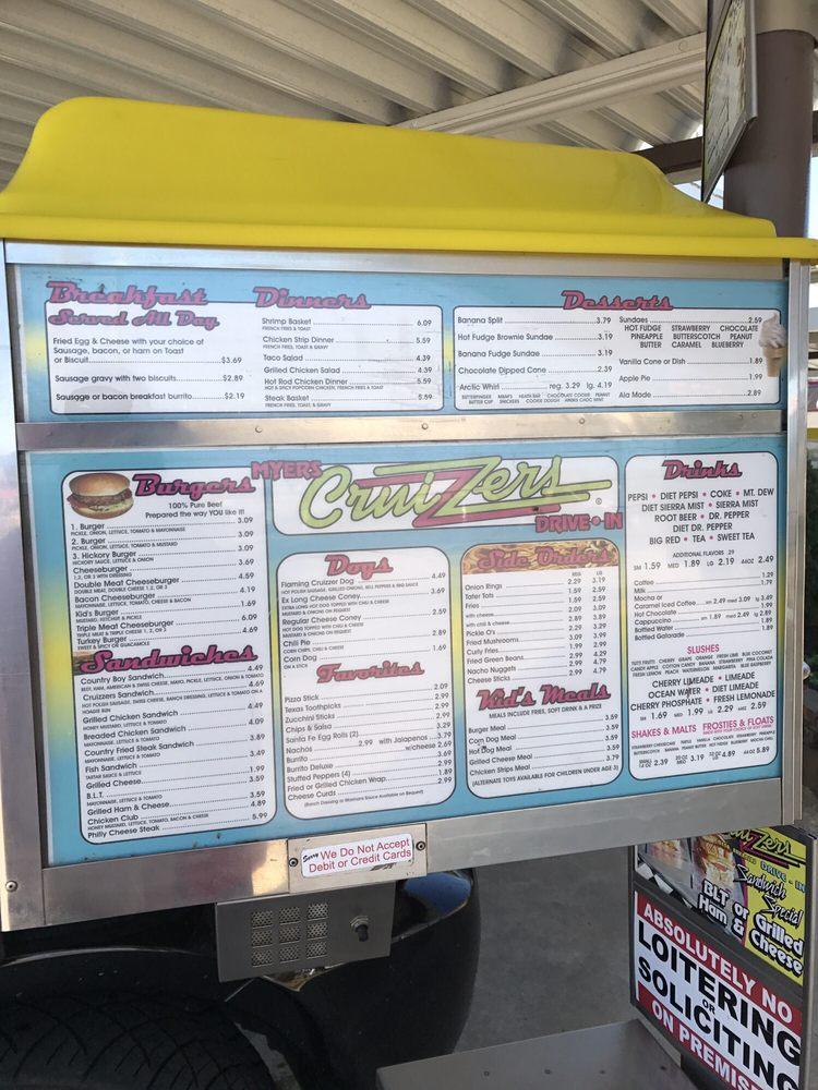 Menu at Myers Cruizzers Drive-In restaurant, Mena, 409 U. S. Hwy 71