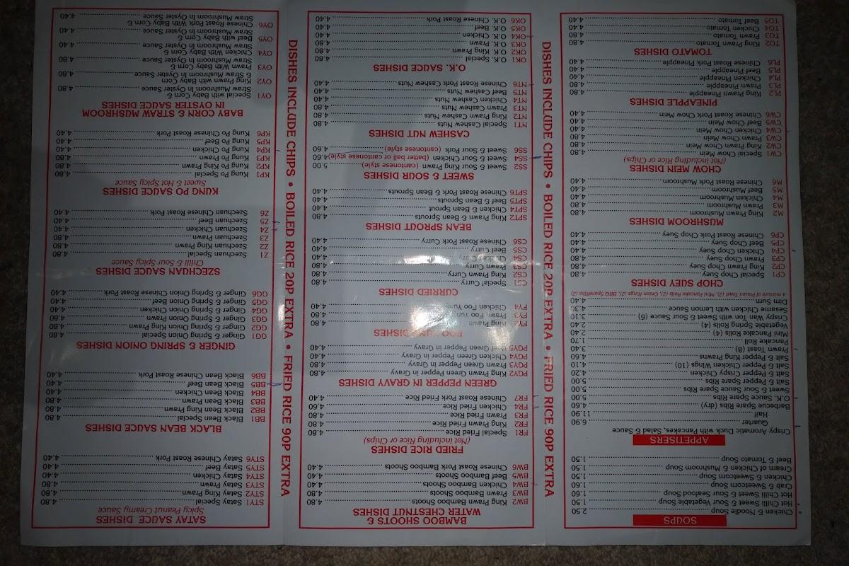 Menu at New Ko Shing fast food, Leeds