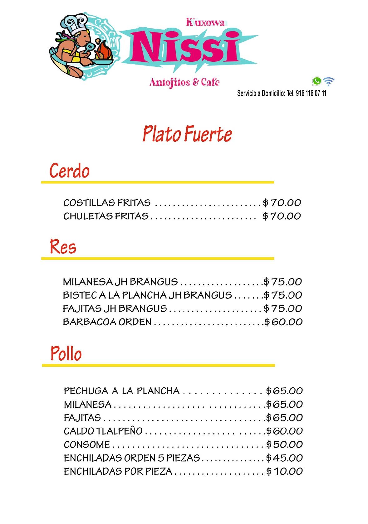 Menu at Nissi K'uxowa restaurant, Palenque