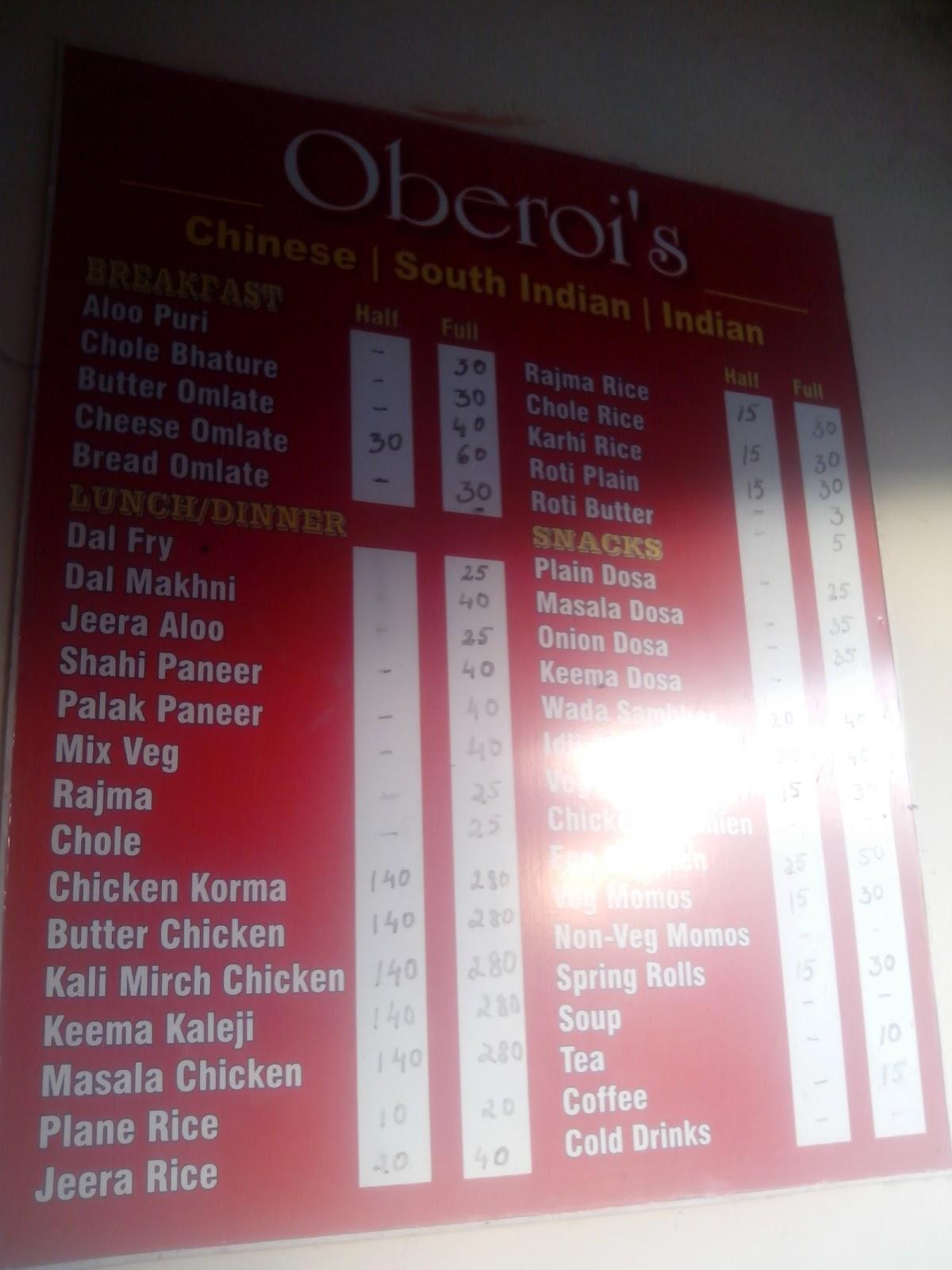 Menu at Oberoi's Restaurant, Dehradun