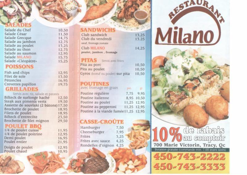 Menu au Restaurant Milano Pizza, Sorel-Tracy