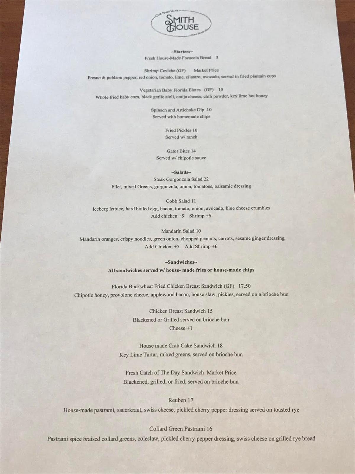 Menu at Smith House restaurant, Marco Island
