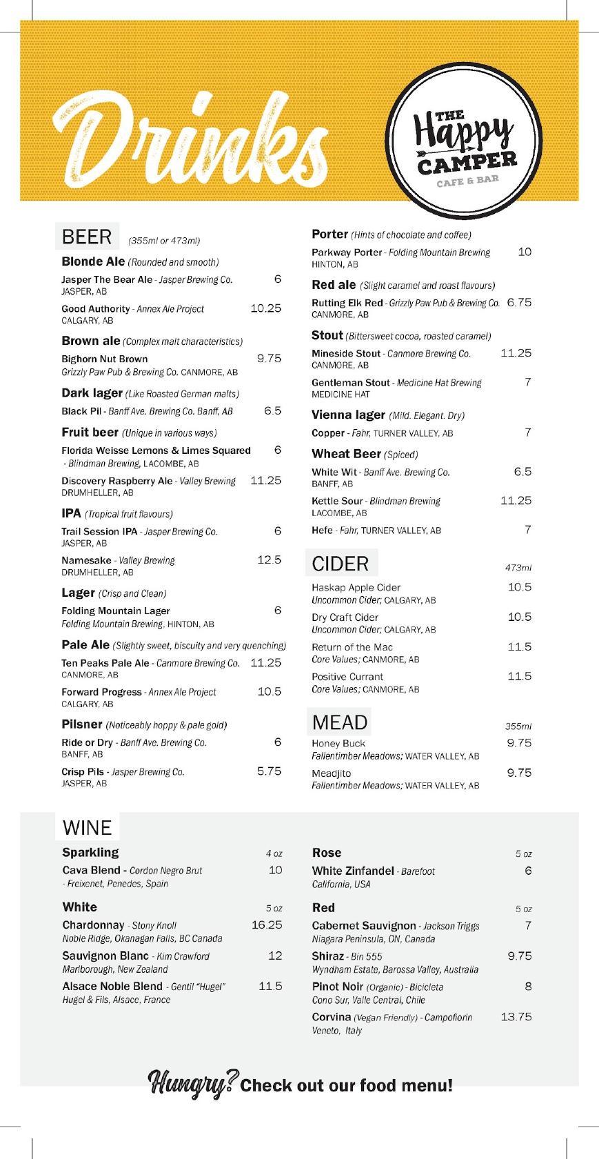 Menu at The Happy Camper Café & Bar, Banff