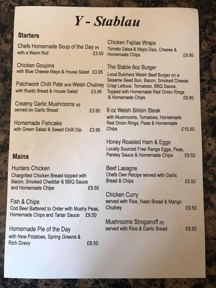 Menu at Y Stablau - Stables Bar, Betws-y-Coed