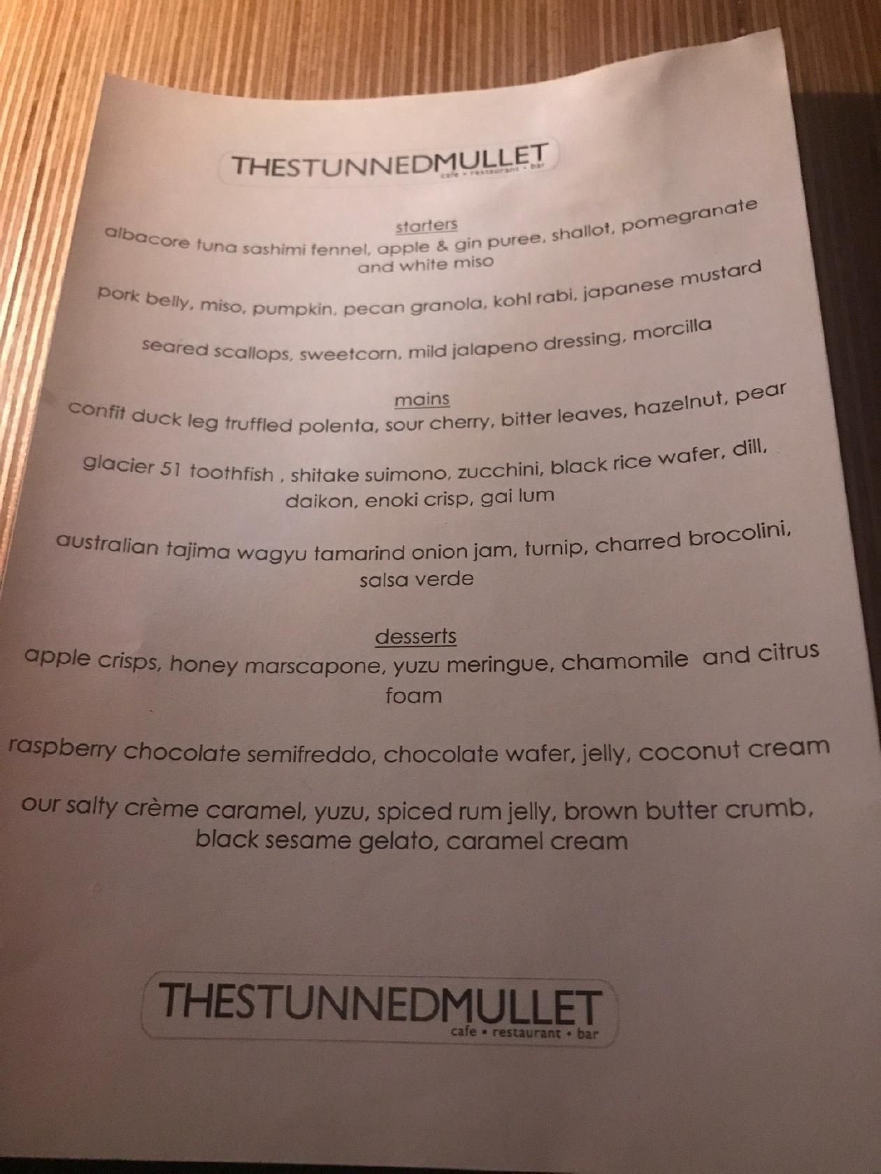 Menu at The Stunned Mullet restaurant, Port Macquarie