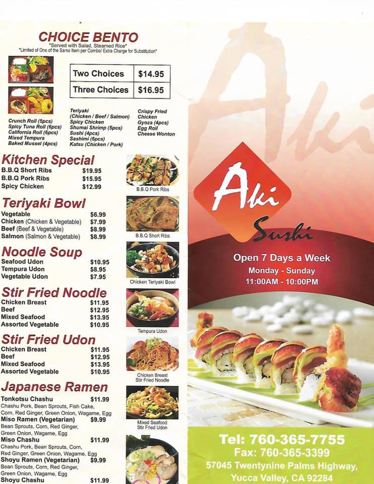Menu at Aki Sushi restaurant, Yucca Valley, Twentynine Palms Highway