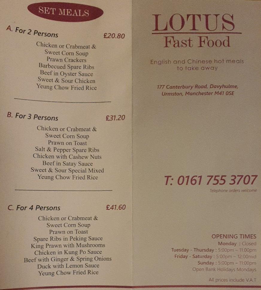 Menu at Lotus fast food, Manchester, 177 Canterbury Rd
