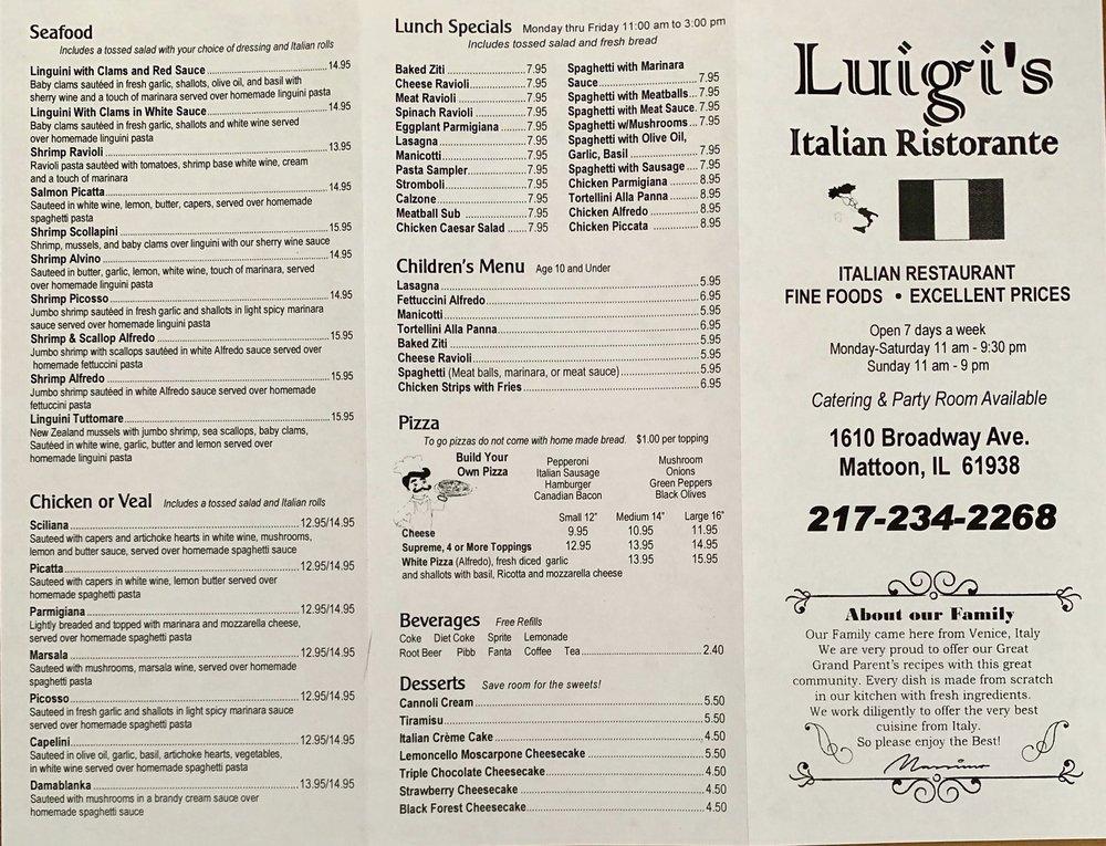 Menu at Luigi's pizzeria, Mattoon, 1610 Broadway Ave