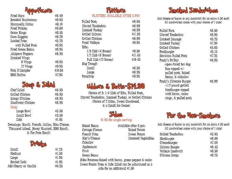 Menu at Pauly's BBQ, Arthur