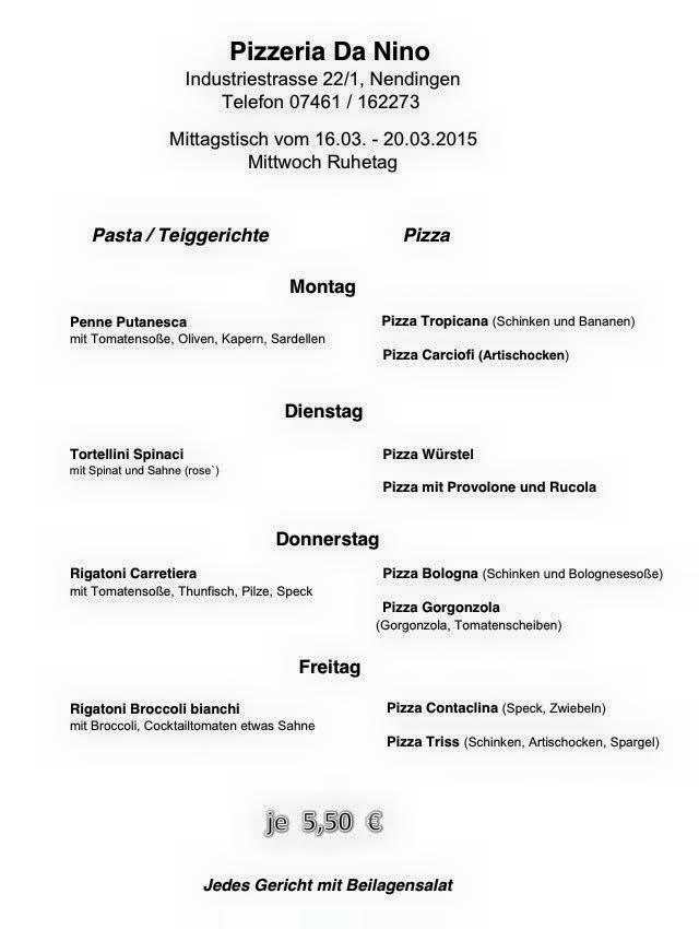 Speisekarte von Da Nino Pizzeria, Tuttlingen