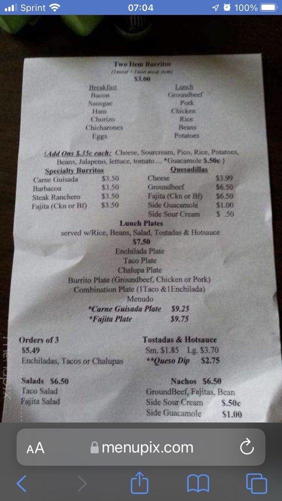 Menu at Polly's Place restaurant, Lubbock