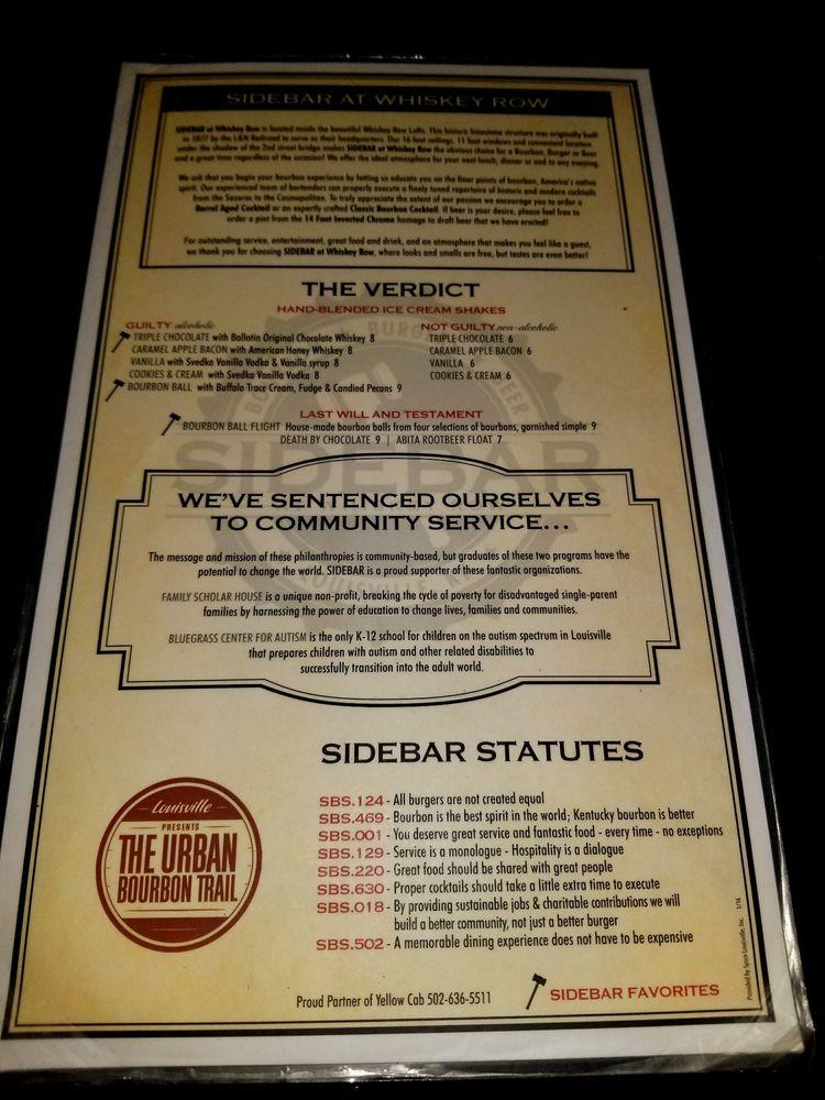 Menu at Sidebar At Whiskey Row, Louisville