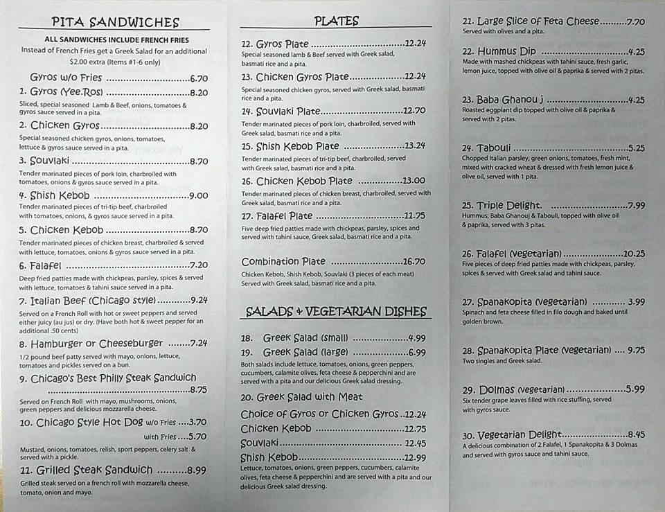Menu at Chicago's Number One Gyros restaurant, Apache Junction
