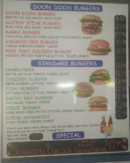 Menu at Doon Doon Roadhouse fast food, Australia