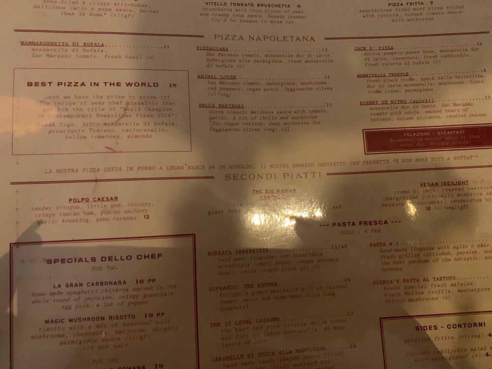 Menu at Gloria restaurant, London, 54-56 Great Eastern St