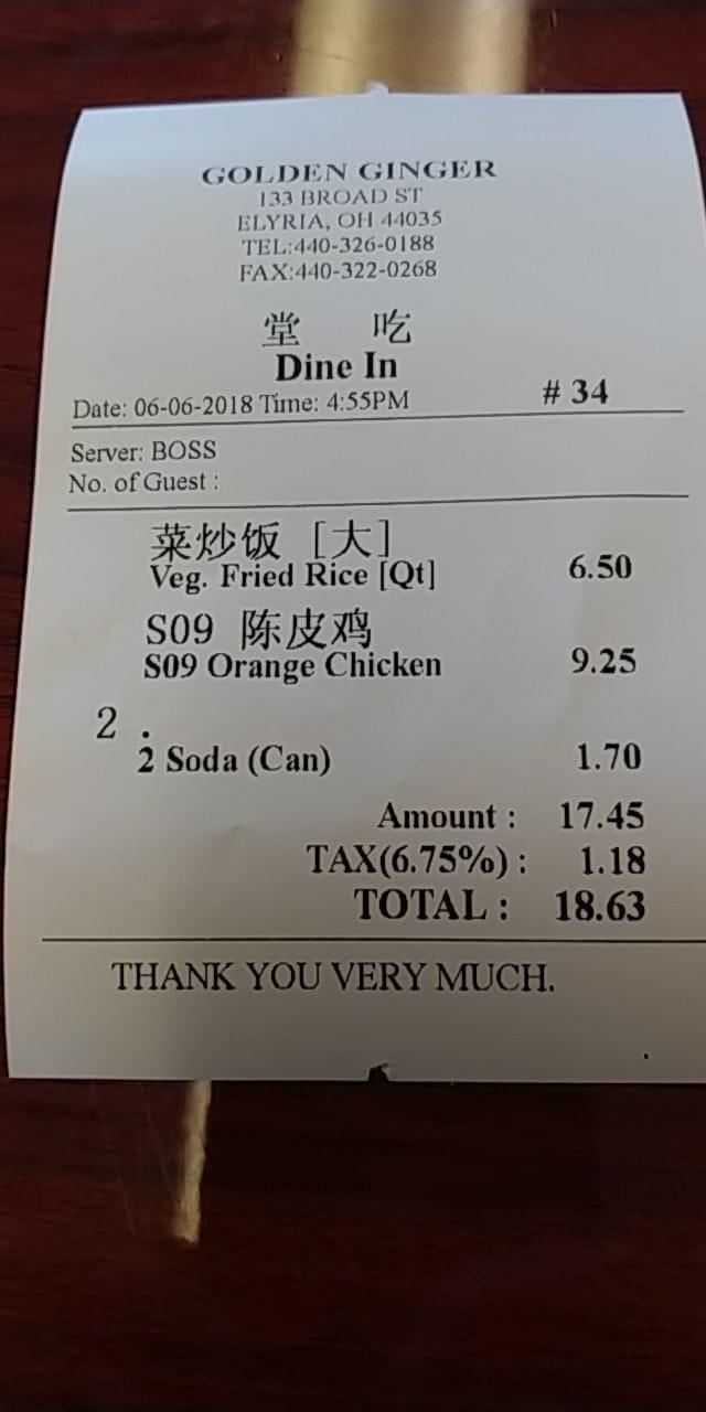 Menu at golden ginger restaurant, Elyria
