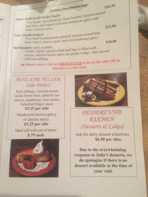 Menu at Julia's German Stammtisch restaurant, Columbia, 120 ...