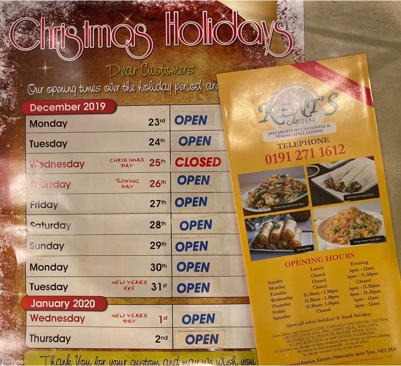 Menu at Kent's Garden fast food, Newcastle upon Tyne