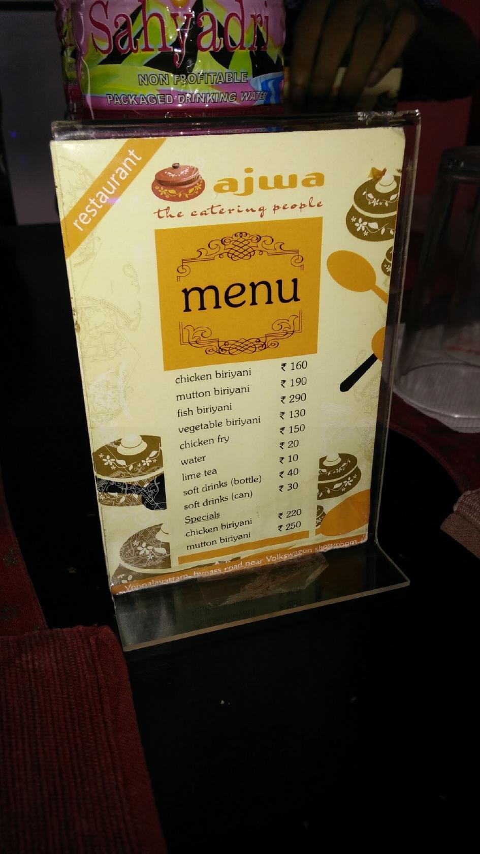Menu at Ajwa, Thiruvananthapuram, GW54+74P