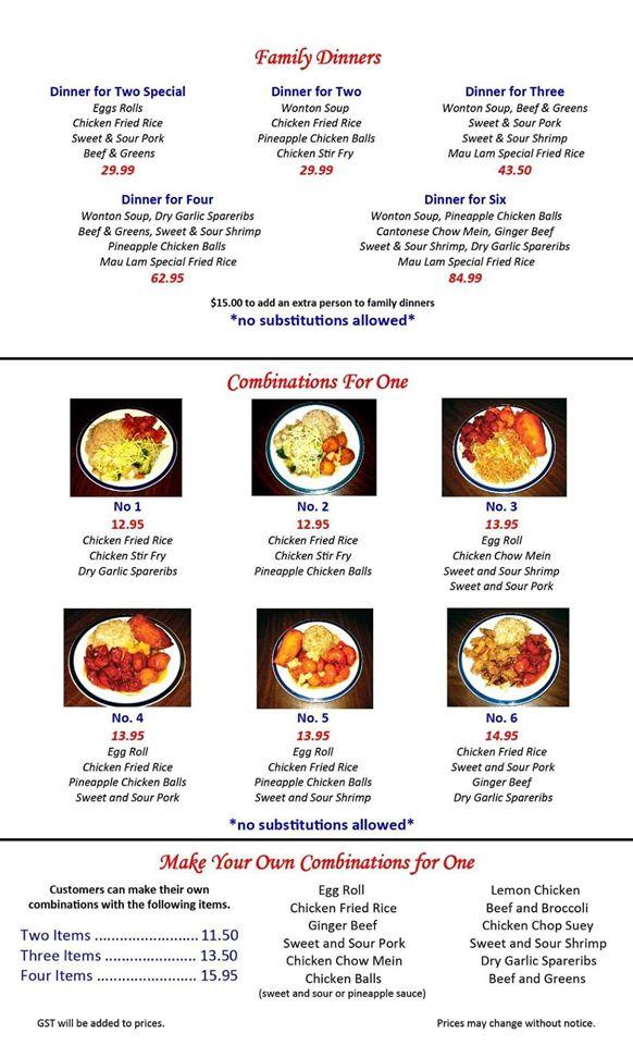 Menu at Mau Lam Restaurant Ltd, Vermilion