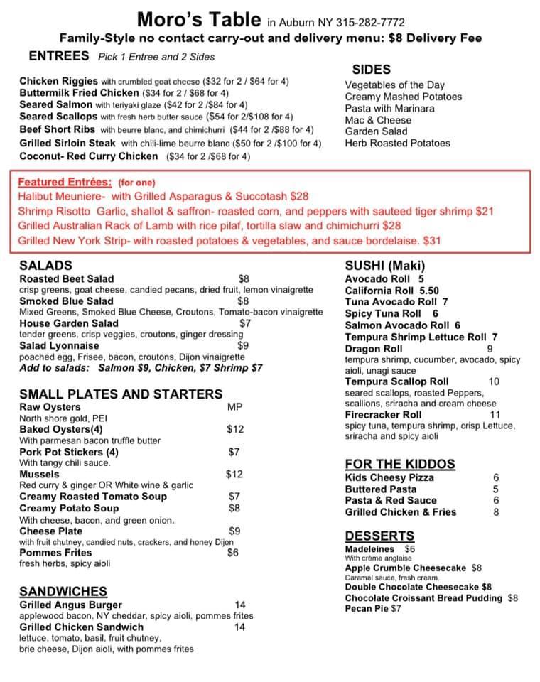 Menu at Moro's Table restaurant, Auburn