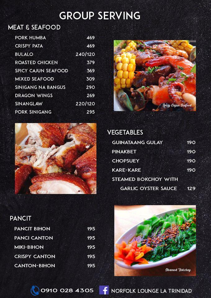 Menu at Norfolk Lounge restaurant, La Trinidad