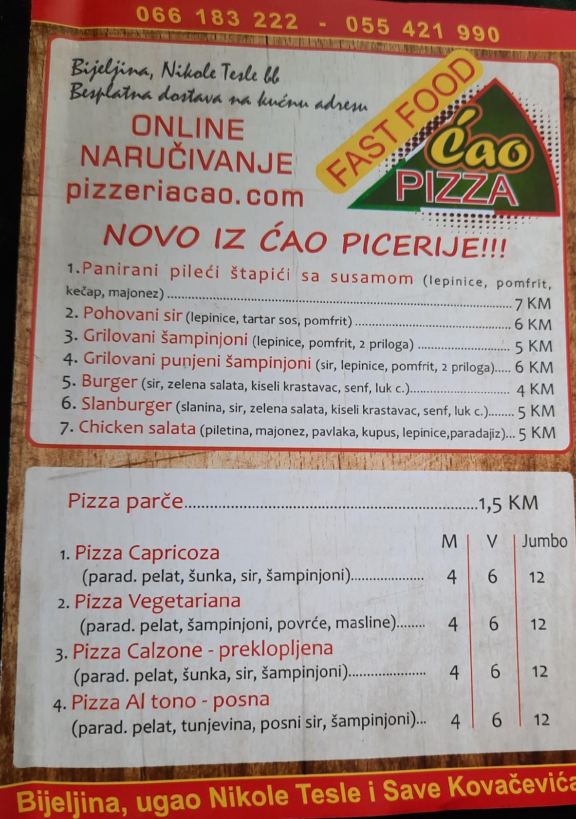 Menu at Picerija Ciao restaurant, Bijeljina
