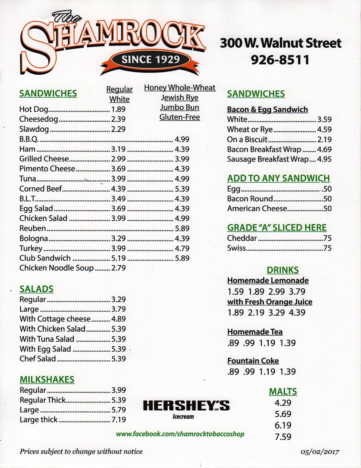 Menu at Shamrock Beverage & Tobacco restaurant, Johnson City
