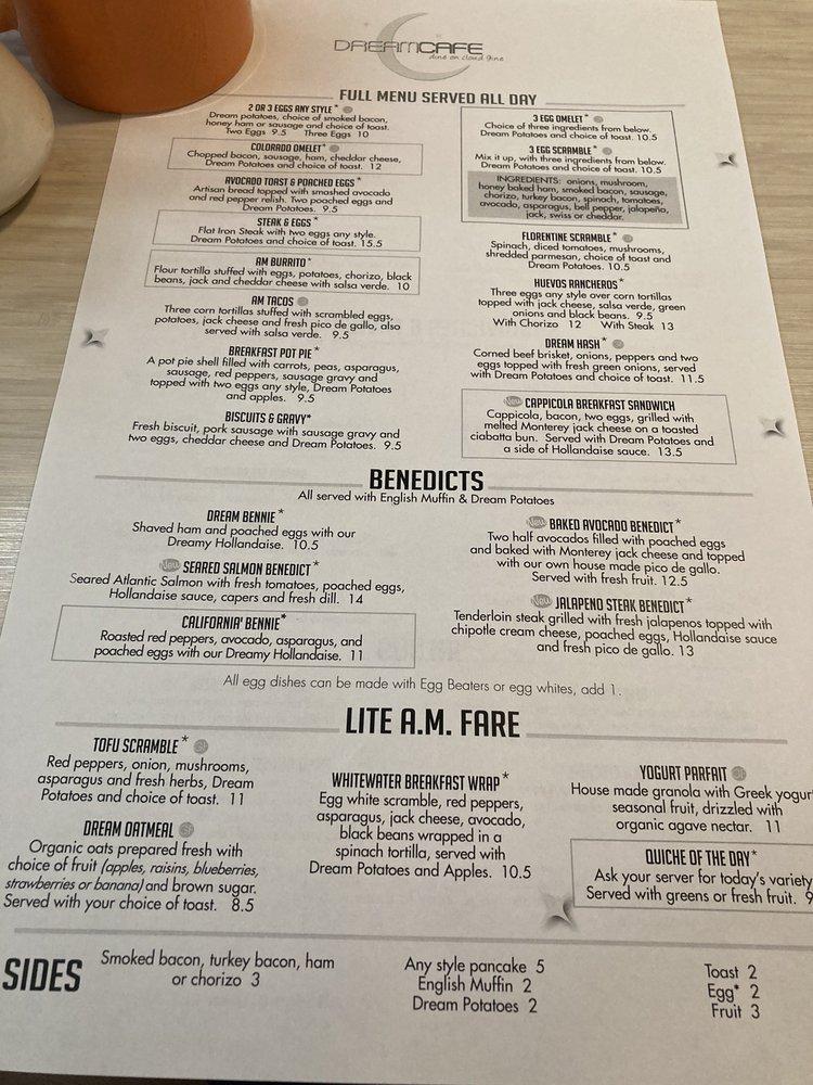 Menu at Dream Cafe, Grand Junction