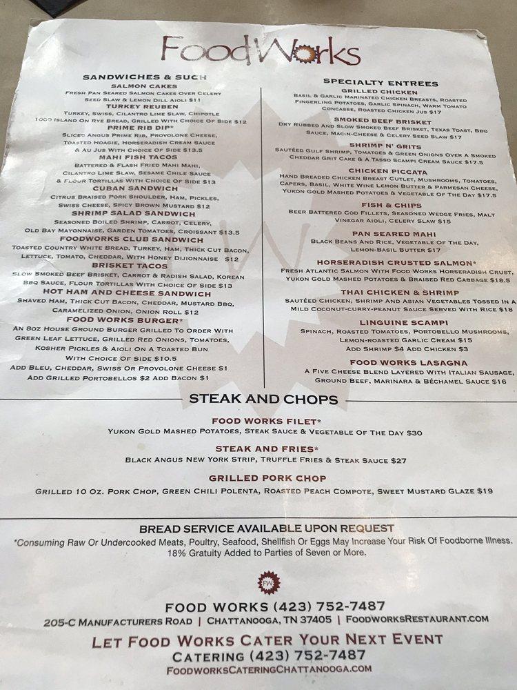 Menu at Food Works restaurant, Chattanooga