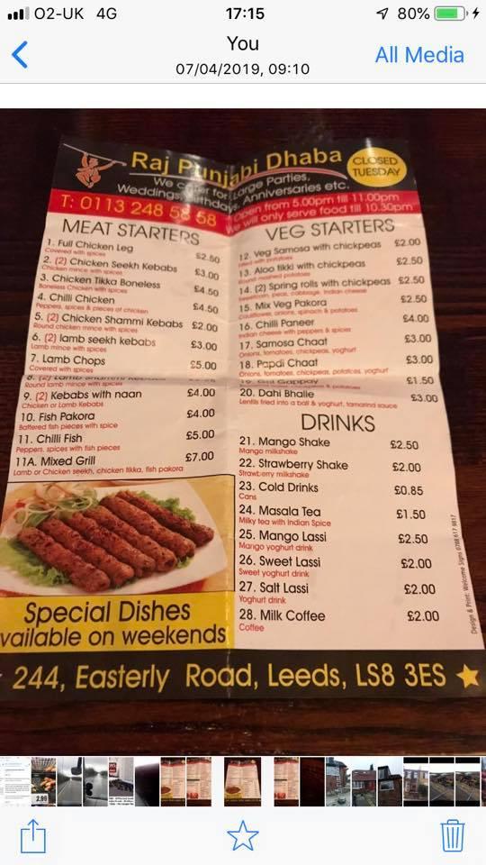 Menu at Raj Panjabi Dhaba restaurant, Leeds